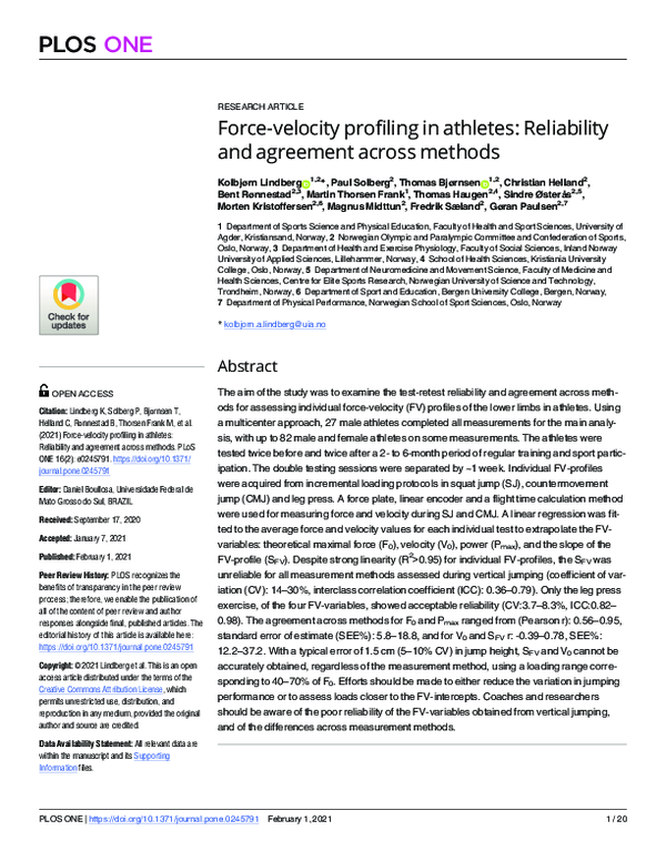 (PDF) Force-velocity profiling in athletes: Reliability and agreement ...