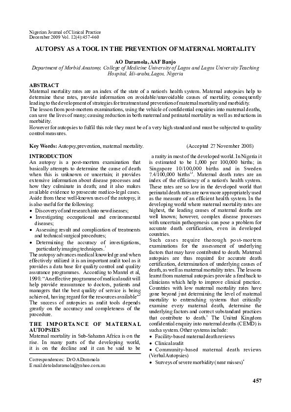 (PDF) Autopsy as a tool in the prevention of maternal mortality