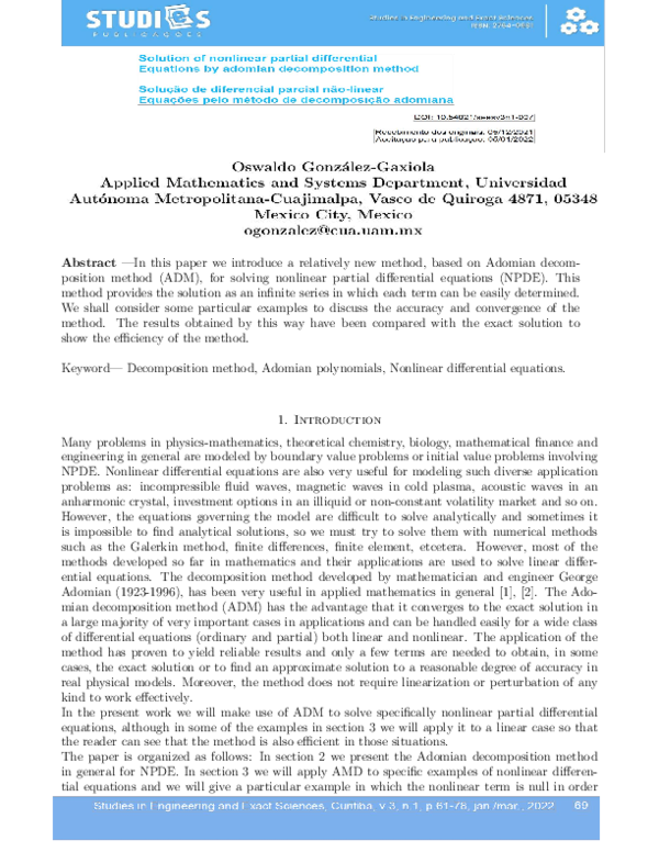 Pdf Solution Of Nonlinear Partial Differential Equations By Adomian Decomposition Method