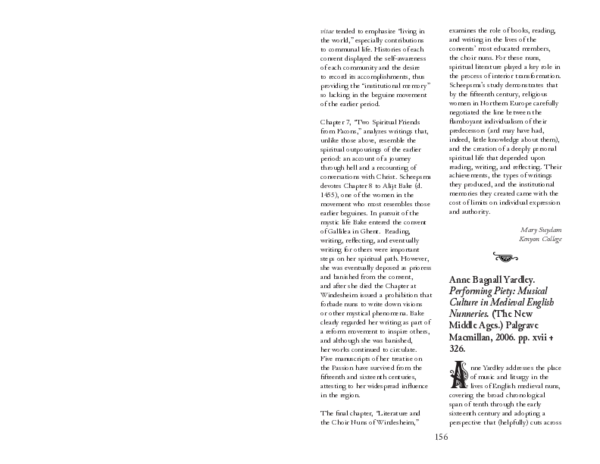 (PDF) Anne Bagnall Yardley, Performing Piety: Musical Culture in Medieval English Nunneries. The ...