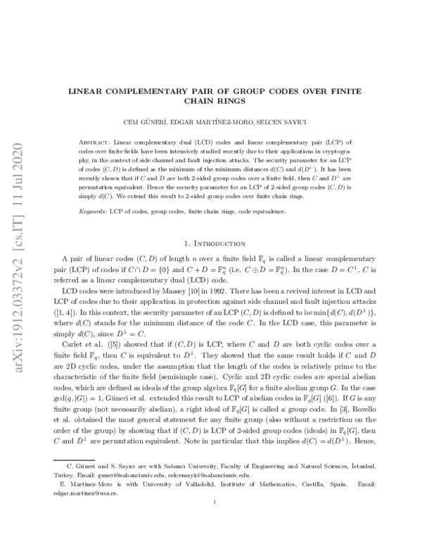 (PDF) Linear complementary pair of group codes over finite chain rings