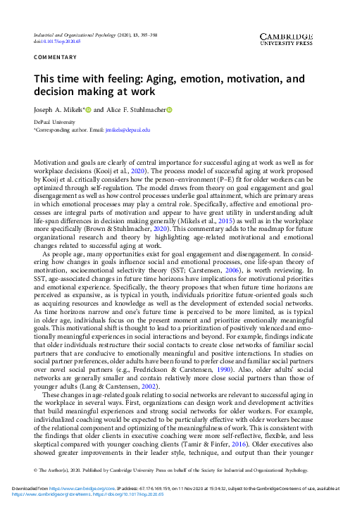 (PDF) This time with feeling: Aging, emotion, motivation, and decision making at work