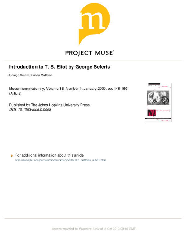 (PDF) Introduction to T. S. Eliot by George Seferis
