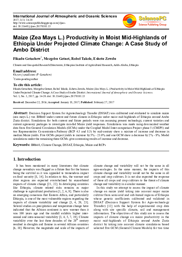 (PDF) Maize (Zea Mays L.) Productivity in Moist Mid-Highlands of Ethiopia Under Projected ...