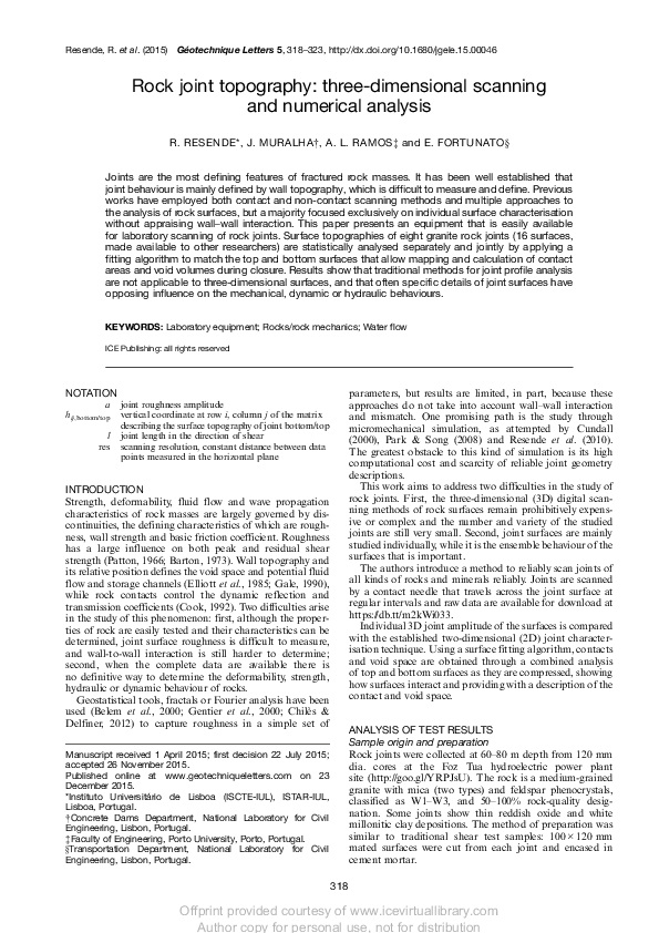 (PDF) Rock joint topography: three-dimensional scanning and numerical analysis