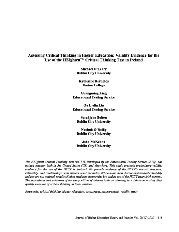 (PDF) Assessing Critical Thinking in Higher Education: Validity ...