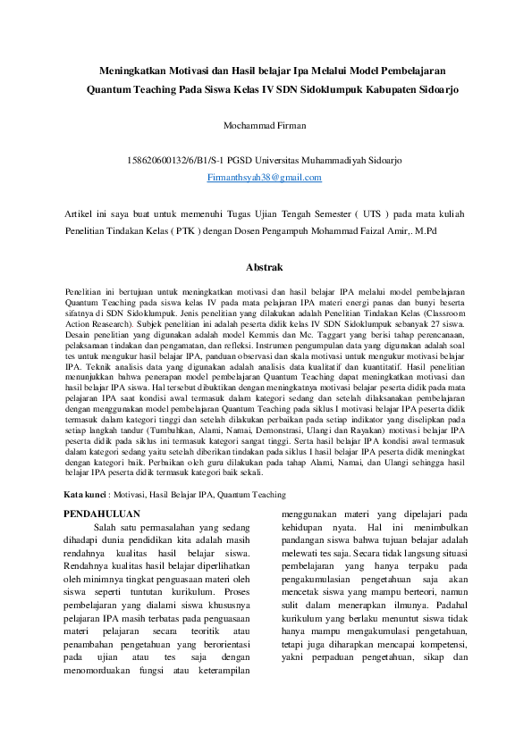 (PDF) Meningkatkan Motivasi dan Hasil belajar Ipa Melalui Model Pembelajaran Quantum Teaching ...