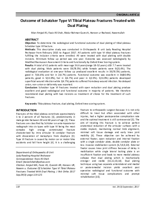 (PDF) Outcome of Schatzker Type VI Tibial Plateau Fractures Treated with Dual Plating