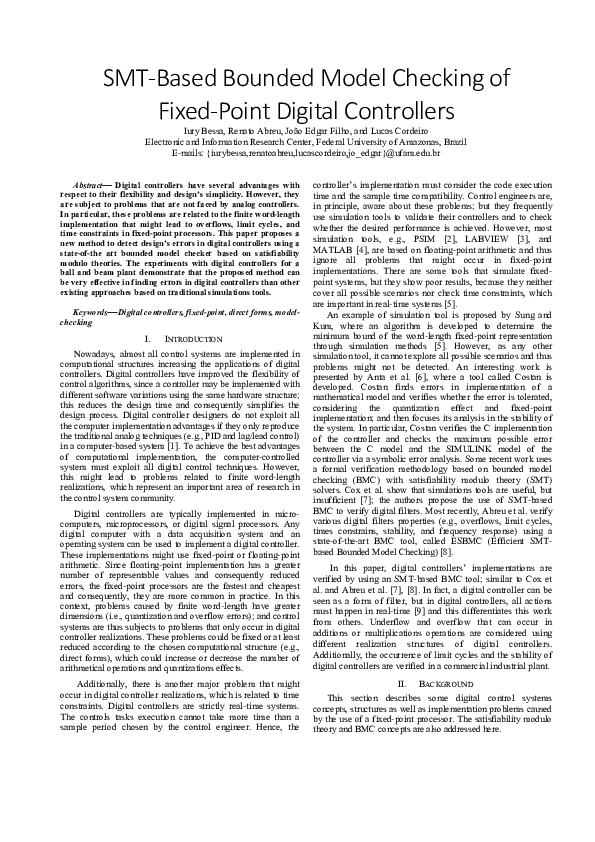 Pdf Smt Based Bounded Model Checking Of Fixed Point Digital Controllers Joao Edgar Chaves