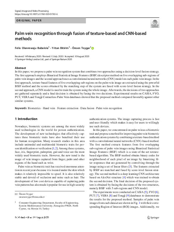 (PDF) Palm vein recognition through fusion of texture-based and CNN-based methods