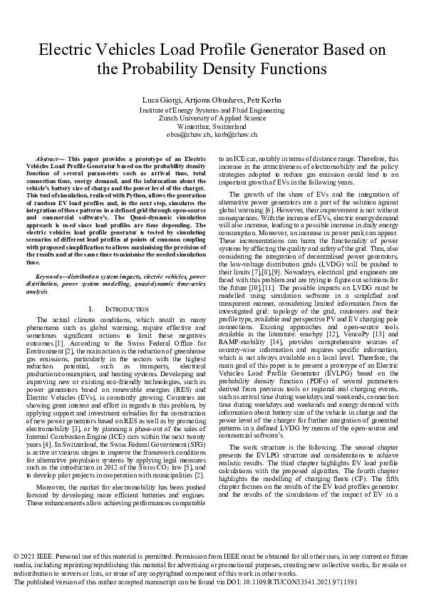 (PDF) Electric Vehicles Load Profile Generator Based on the Probability Density Functions