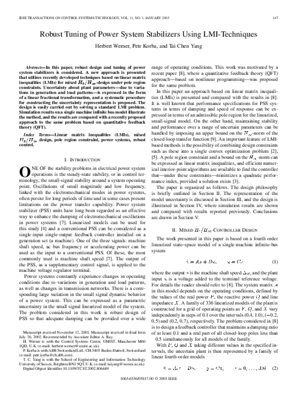 (PDF) Robust tuning of power system stabilizers using LMI-techniques