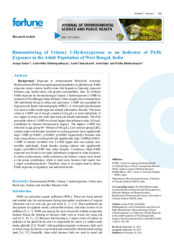 (PDF) Biomonitoring of Urinary 1-Hydroxypyrene as an Indicator of PAHs Exposure in the Adult ...