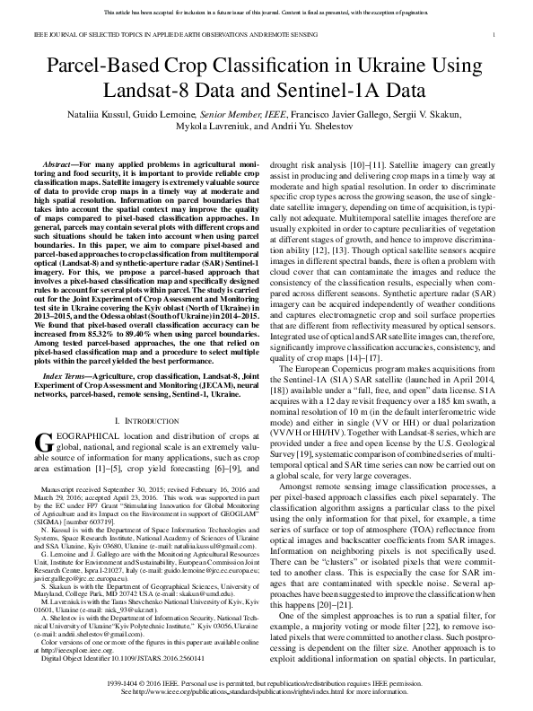 Pdf Parcel Based Crop Classification In Ukraine Using Landsat 8 Data And Sentinel 1a Data