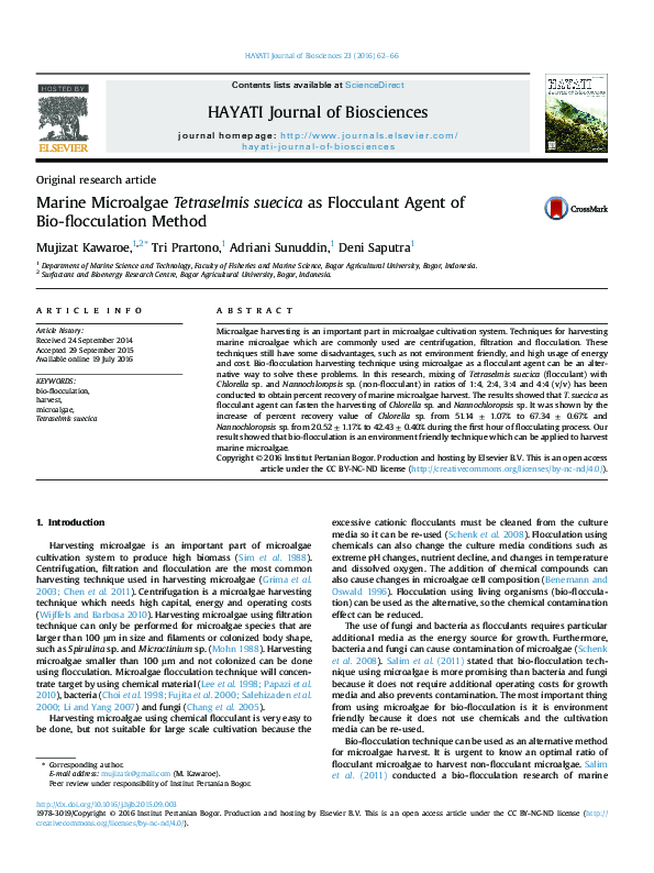 (PDF) Marine Microalgae Tetraselmis suecica as Flocculant Agent of Bio-flocculation Method