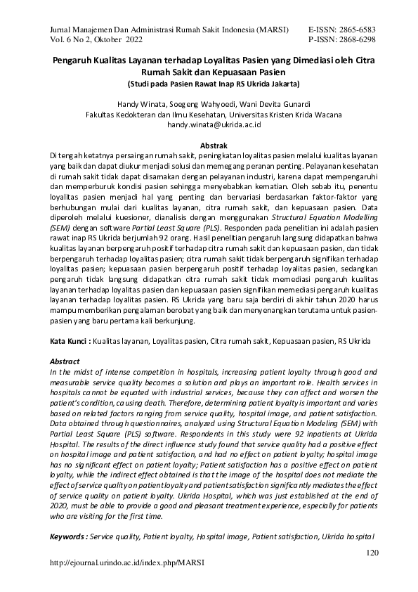 (PDF) Pengaruh Kualitas Layanan terhadap Loyalitas Pasien yang Dimediasi oleh Citra Rumah Sakit ...