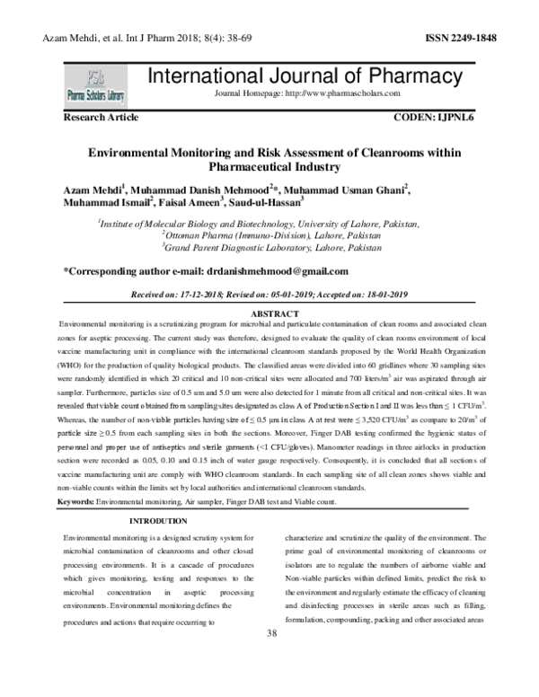 (PDF) Environmental Monitoring and Risk Assessment of Cleanrooms within ...