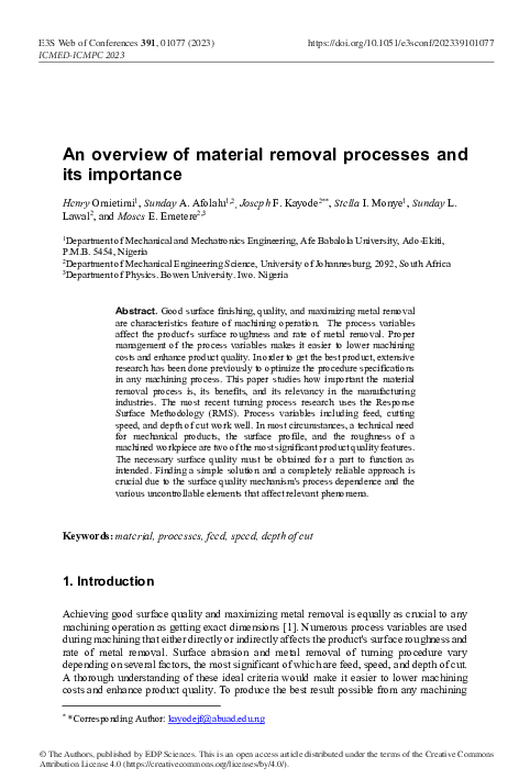 (PDF) An overview of material removal processes and its importance