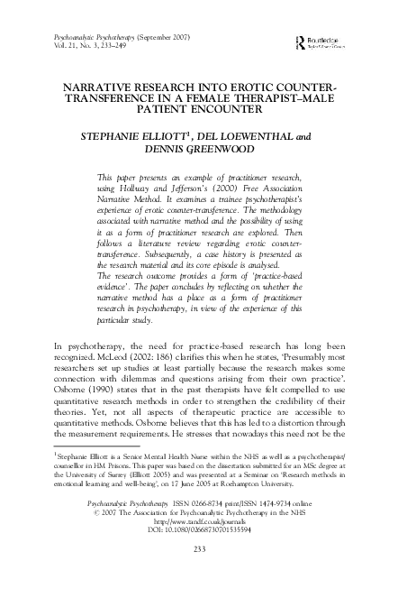 (PDF) Narrative Research Into Erotic Counter‐Transference in a Female Therapist–Male Patient ...