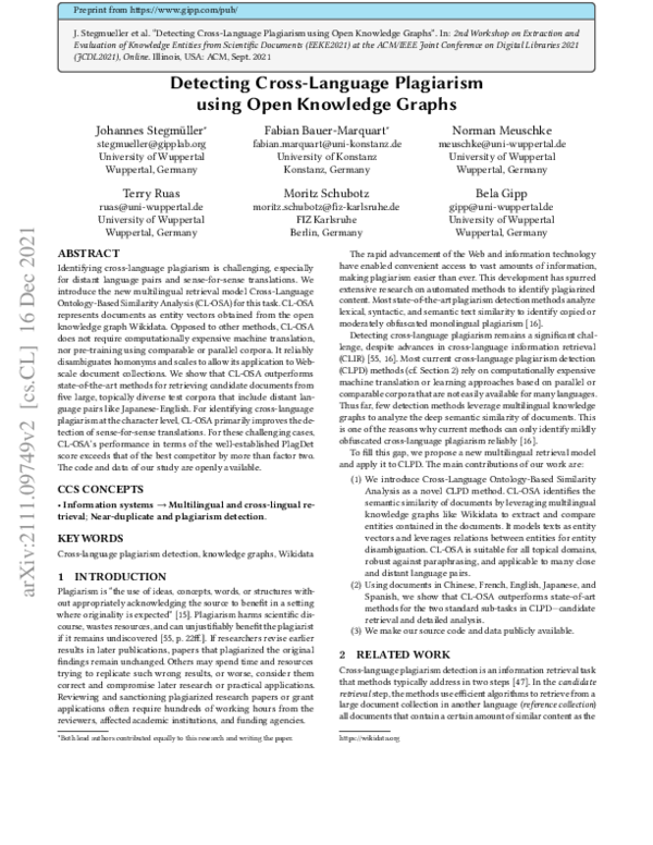 (PDF) Detecting Cross-Language Plagiarism using Open Knowledge Graphs