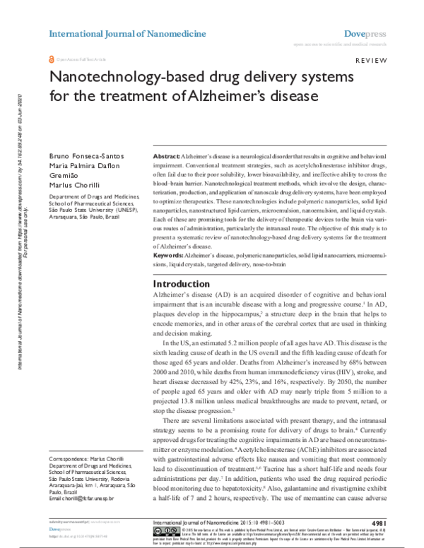 (PDF) Nanotechnology-based drug delivery systems for the treatment of Alzheimer’s disease