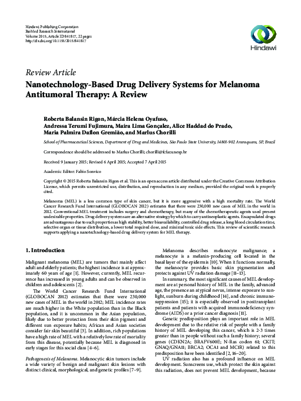 (PDF) Nanotechnology-Based Drug Delivery Systems for Melanoma Antitumoral Therapy: A Review