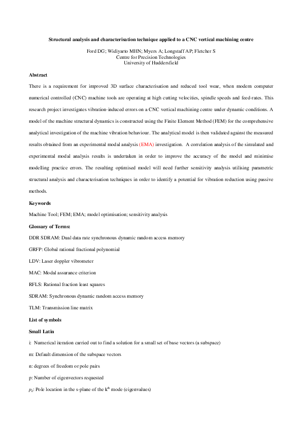 (PDF) Structural analysis and characterisation technique applied to a CNC vertical machining centre