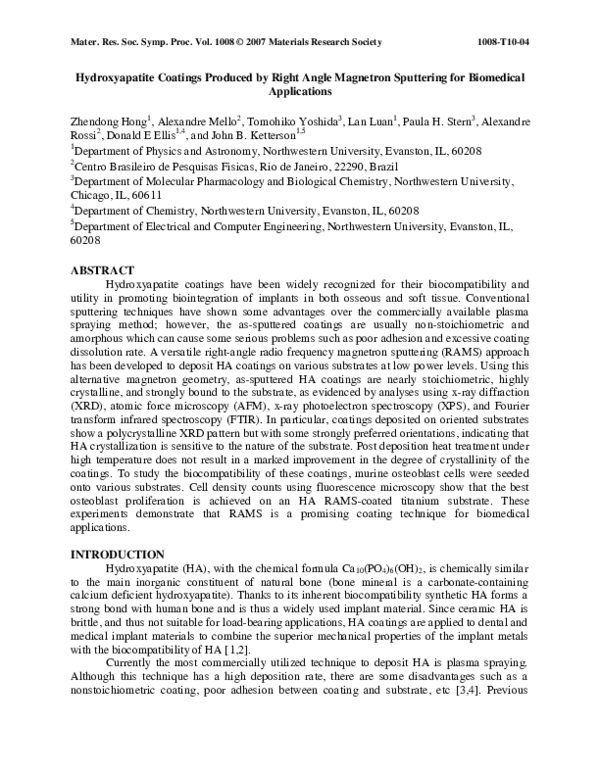 (PDF) Hydroxyapatite Coatings Produced by Right Angle Magnetron ...