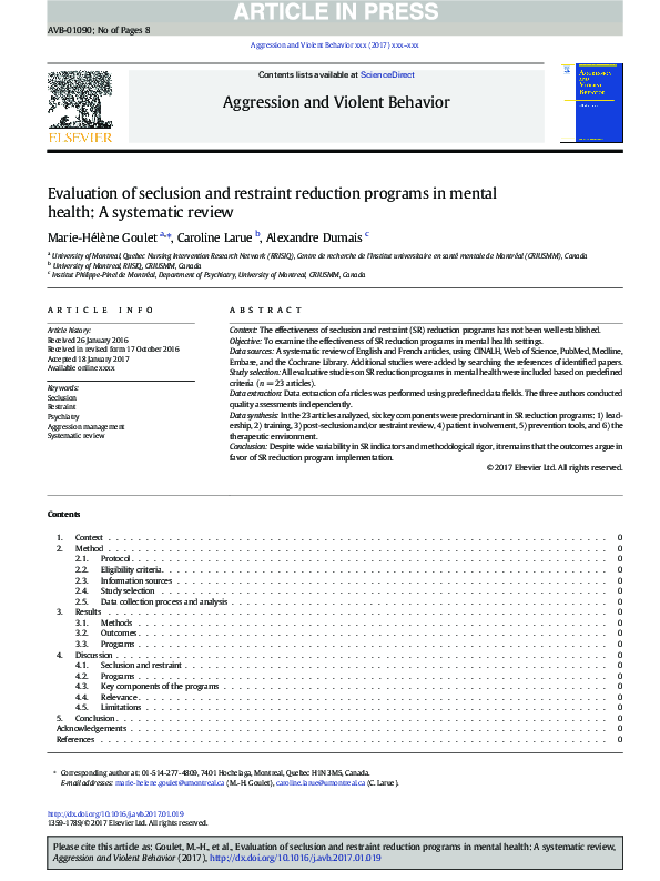 (PDF) Evaluation of seclusion and restraint reduction programs in mental health: A systematic review
