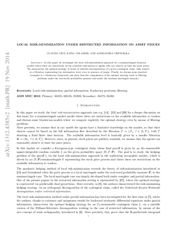 (PDF) Local risk-minimization under restricted information to asset prices