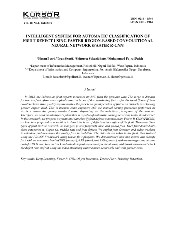 Pdf Intelligent System For Automatic Classification Of Fruit Defect Using Faster Region Based