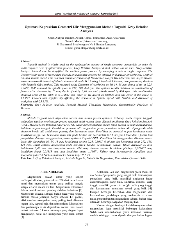 (PDF) Optimasi Kepresisian Geometri Ulir Menggunakan Metode Taguchi-Grey Relation Analysis ...