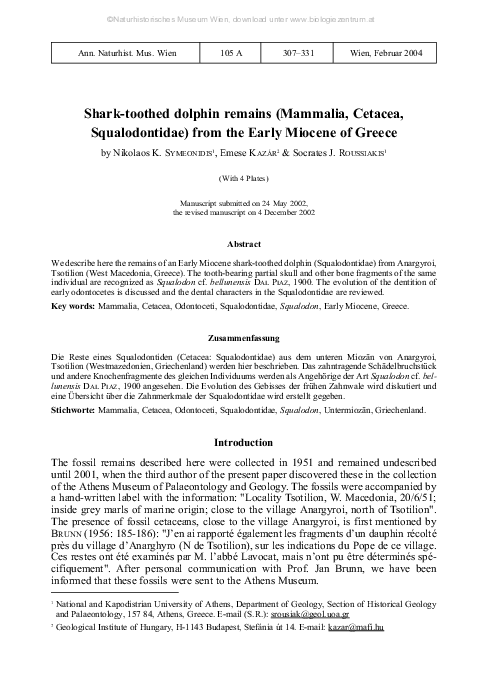 (PDF) Shark-toothed dolphin remains (Mammalia, Cetacea, Squalodontidae ...