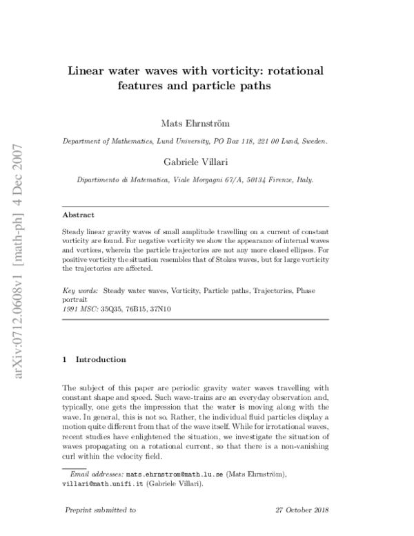 (PDF) Linear water waves with vorticity: Rotational features and ...
