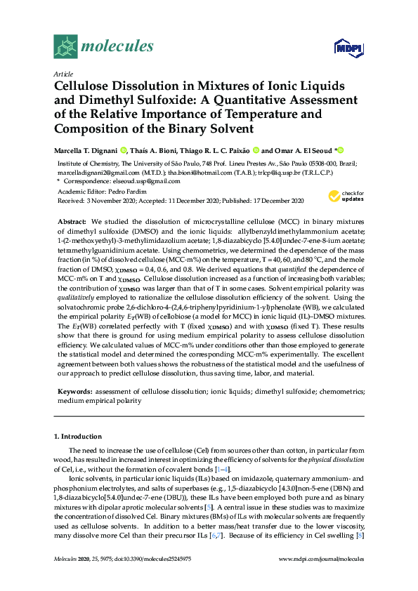 (PDF) Cellulose dissolution in mixtures of ionic liquids and molecular solvents: The fruitful ...