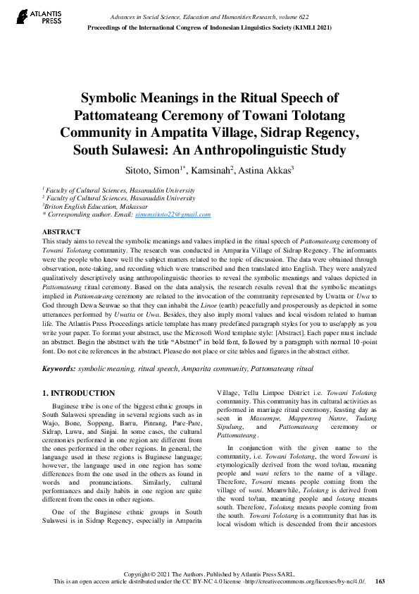 (PDF) Symbolic Meanings in the Ritual Speech of Pattomateang Ceremony ...