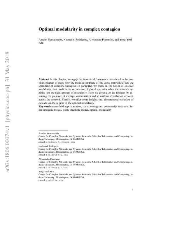 (PDF) Optimal modularity in complex contagion
