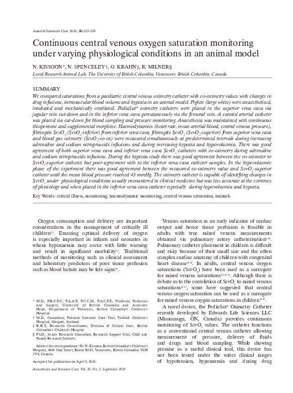 (PDF) Continuous Central Venous Oxygen Saturation Monitoring under ...
