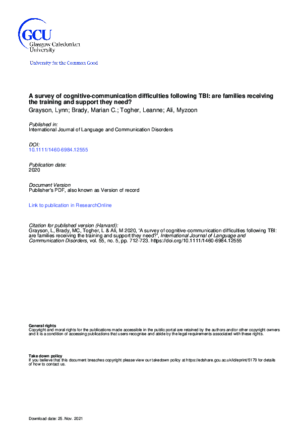 (PDF) A survey of cognitive-communication difficulties following TBI ...