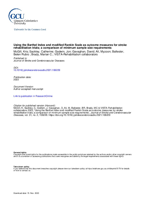 (PDF) Using the Barthel Index and modified Rankin Scale as Outcome ...