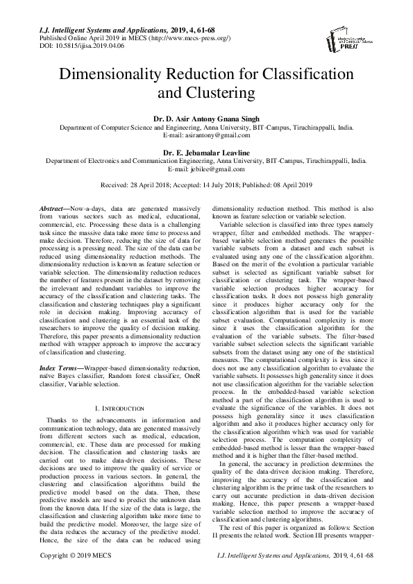 Pdf Dimensionality Reduction For Classification