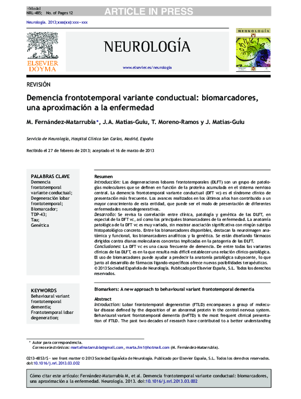(PDF) Demencia frontotemporal variante conductual: biomarcadores, una ...