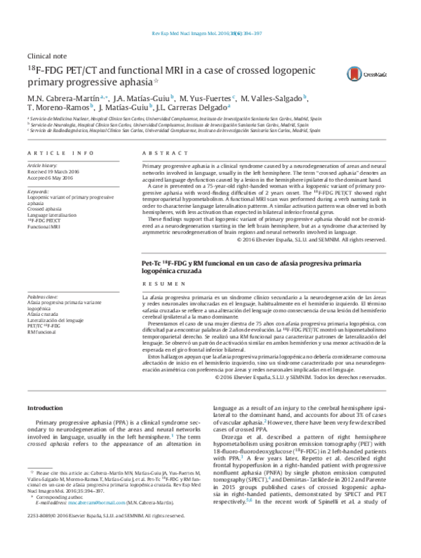 (PDF) 18F-FDG PET/CT and functional MRI in a case of crossed logopenic ...
