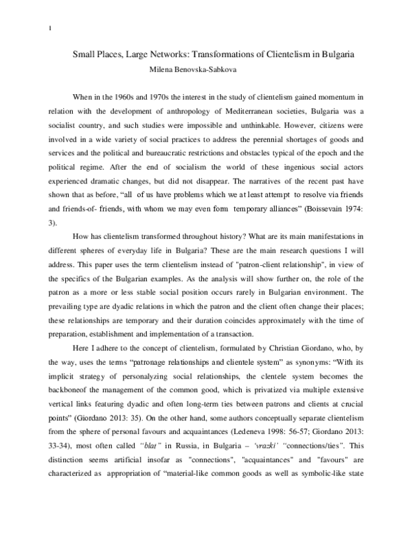(PDF) Small Places, Large Networks: Transformation of Clientelism in ...