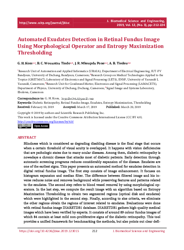 Pdf Automated Exudates Detection In Retinal Fundus Image Using Morphological Operator And