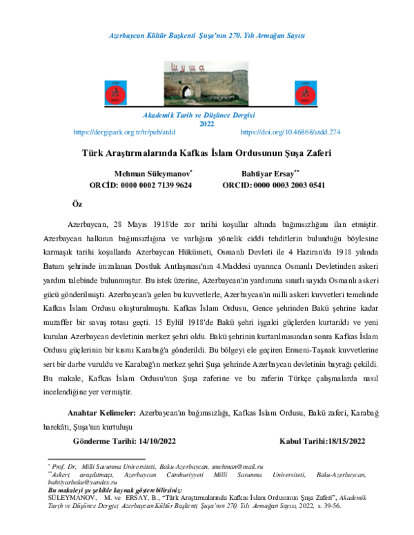 (PDF) Shusa’s victory of Caucasian Islamic Army in Turkish Studies ...