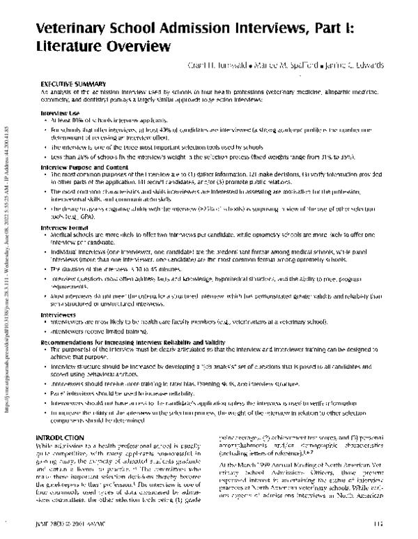(PDF) Veterinary School Admission Interviews, Part 1: Literature Overview