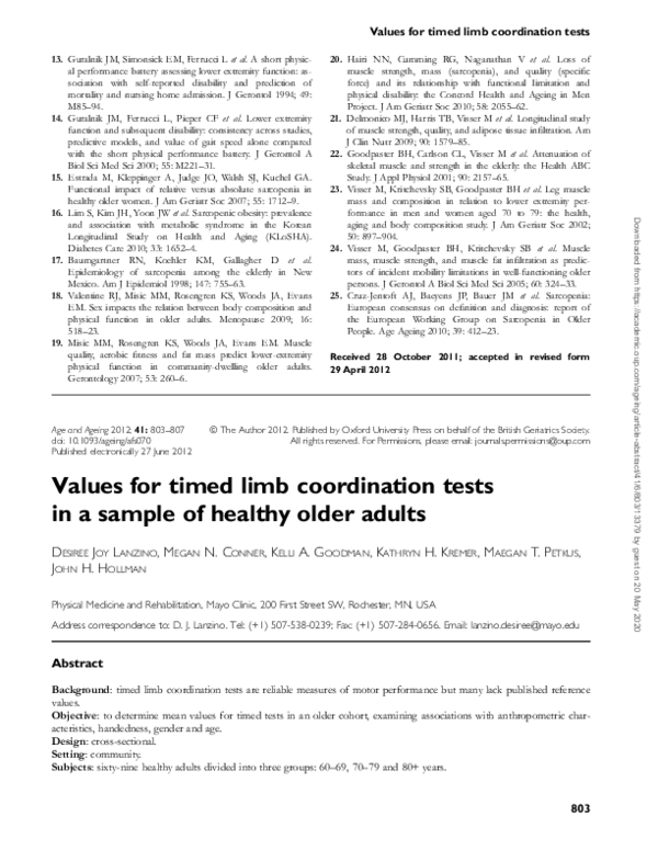 (PDF) Values for timed limb coordination tests in a sample of healthy ...