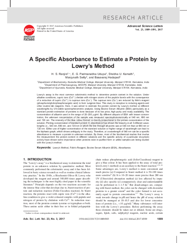 (PDF) A Specific Absorbance to Estimate a Protein by Lowry’s Method
