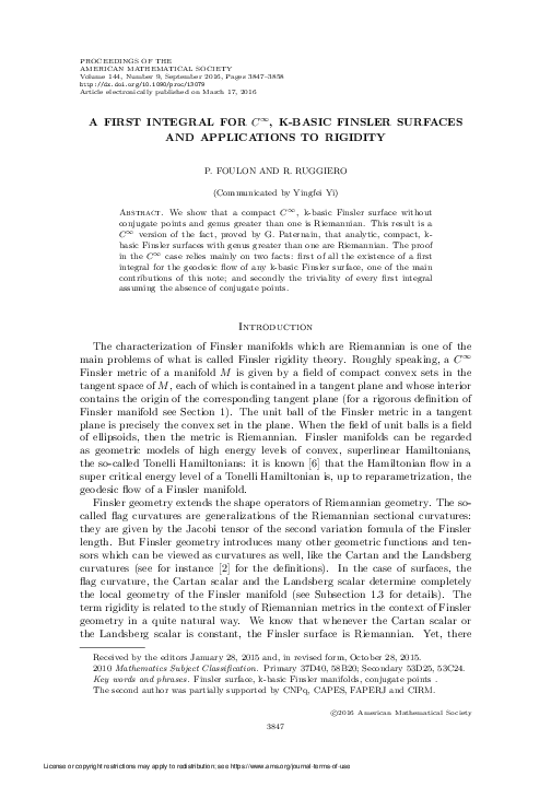 (PDF) A first integral for $C^{\infty }$, k-basic Finsler surfaces and applications to rigidity ...